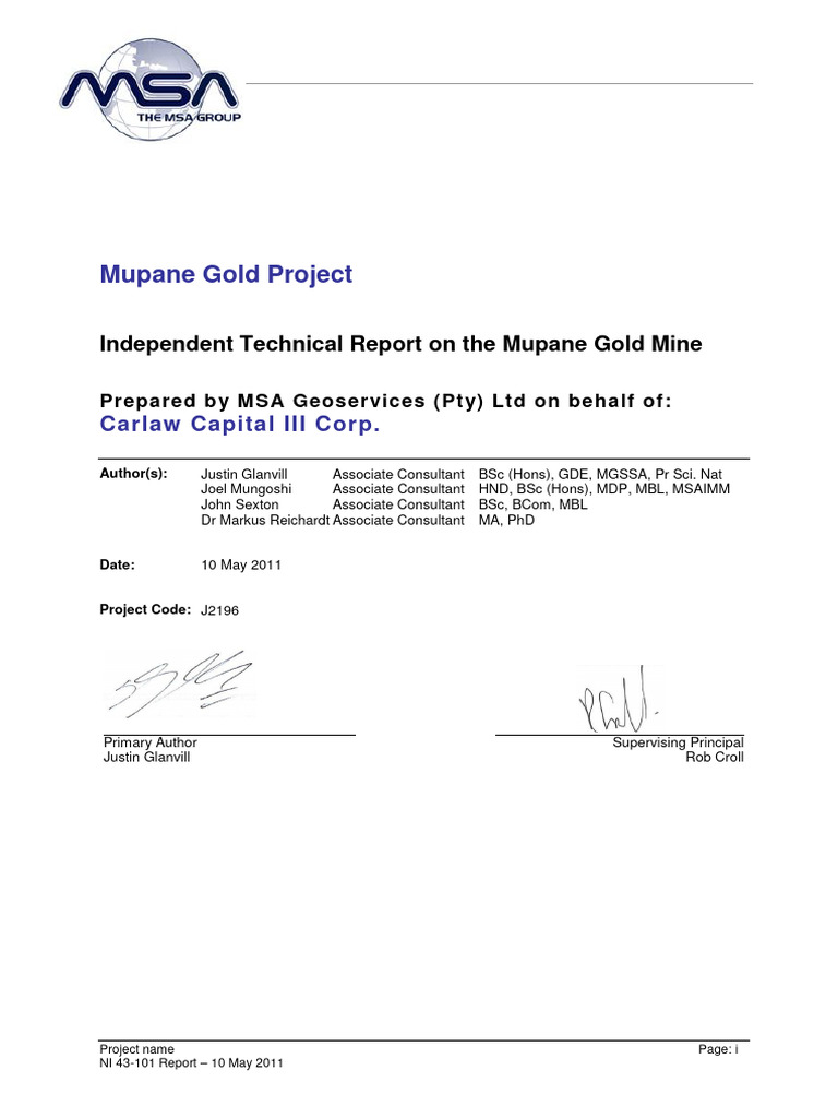 Mupane Gold Project Independent Technical Report On The Mupane Gold