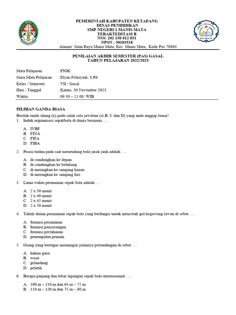 Soal PAS PJOK Kelas VII 2023 | PDF