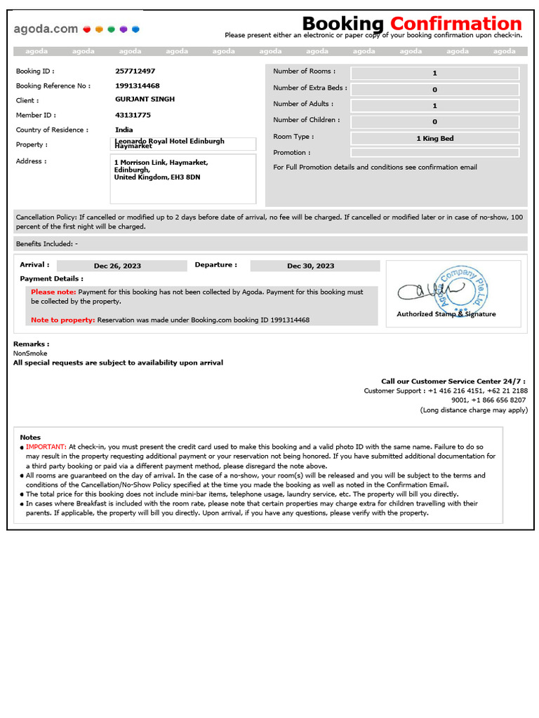 Agoda - Confirmed - Booking - at - Leonardo Royal Hotel UK | PDF