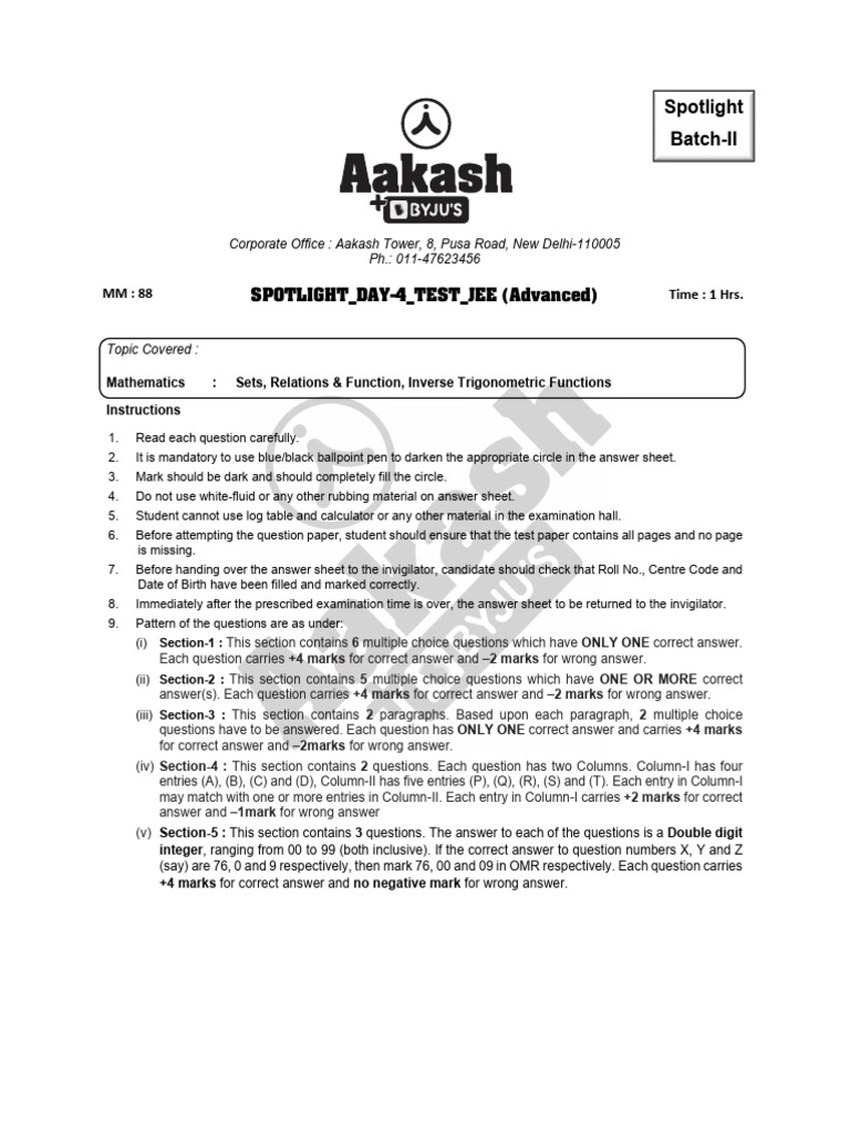 Spotlight - Batch-II - (2023-24) - Day-4 - Test - Mathematics - (P-I ...