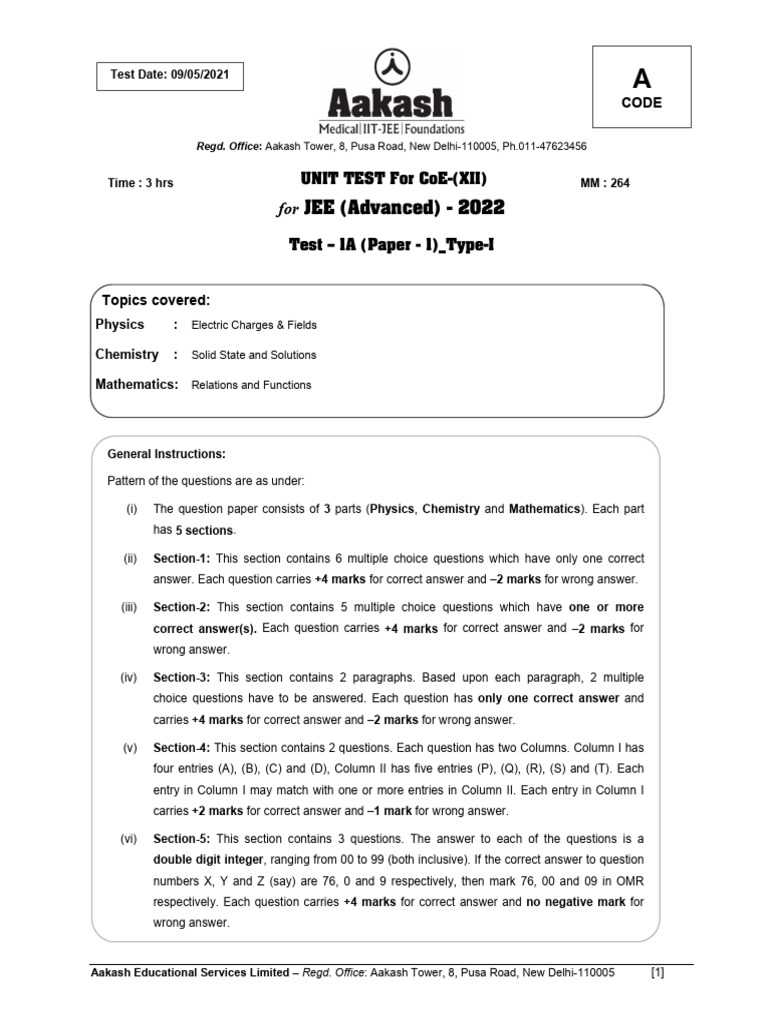 Aakash JEE Class 11 Unit Test Paper | PDF | Function (Mathematics ...