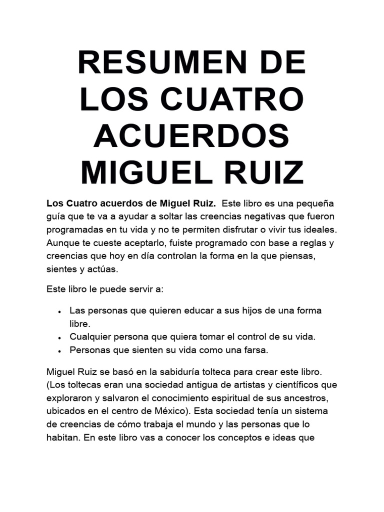 Resumen de Los Cuatro Acuerdos Miguel Ruiz | PDF | Mente | Felicidad