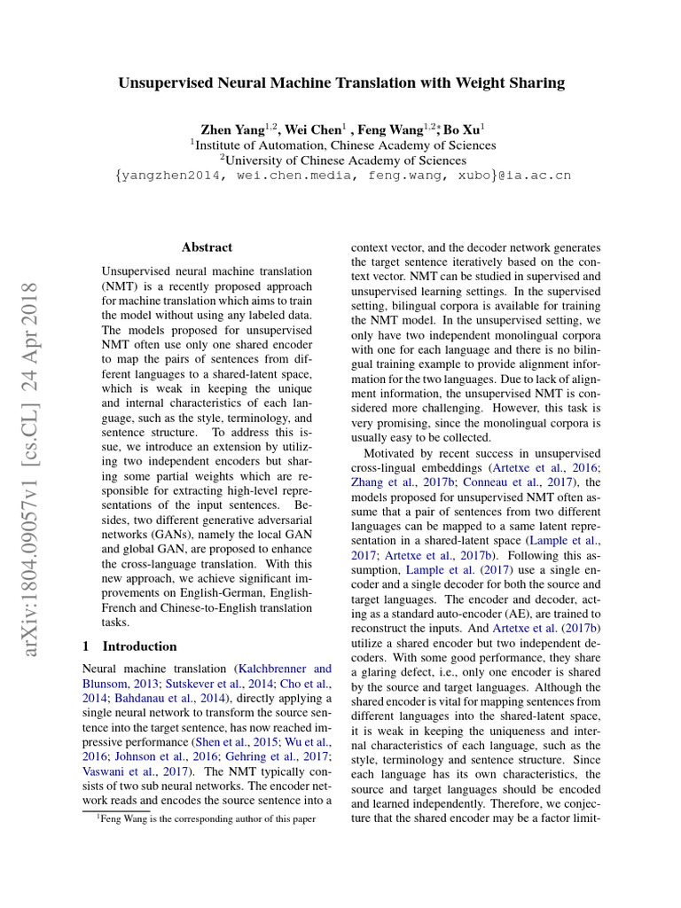 Unsupervised Neural Machine Translation With Weight Sharing | PDF | Data Compression | Cybernetics