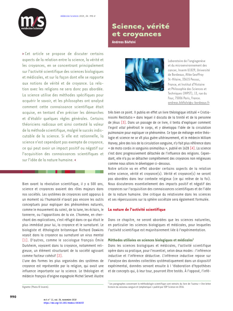 Andreas Bikfalvi - Science, Vérité Et Croyances | PDF