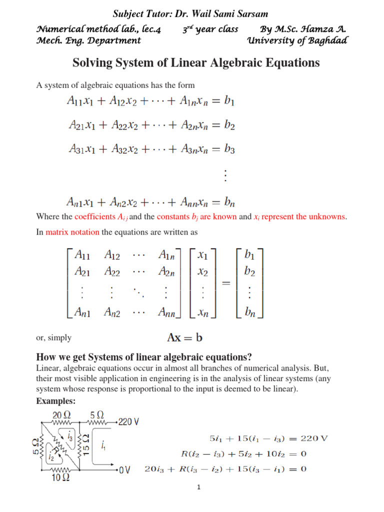 Topic 4 Solving System Of Linear Algebraic Equations Pdf