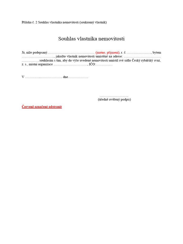 VZOR - Souhlas Vlastnika Nemovitosti (Soukromy Vlastnik) | PDF