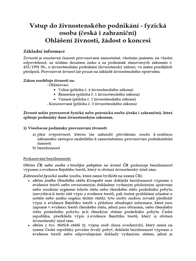 Vznik Živnosti - Fyzická Osoba | PDF