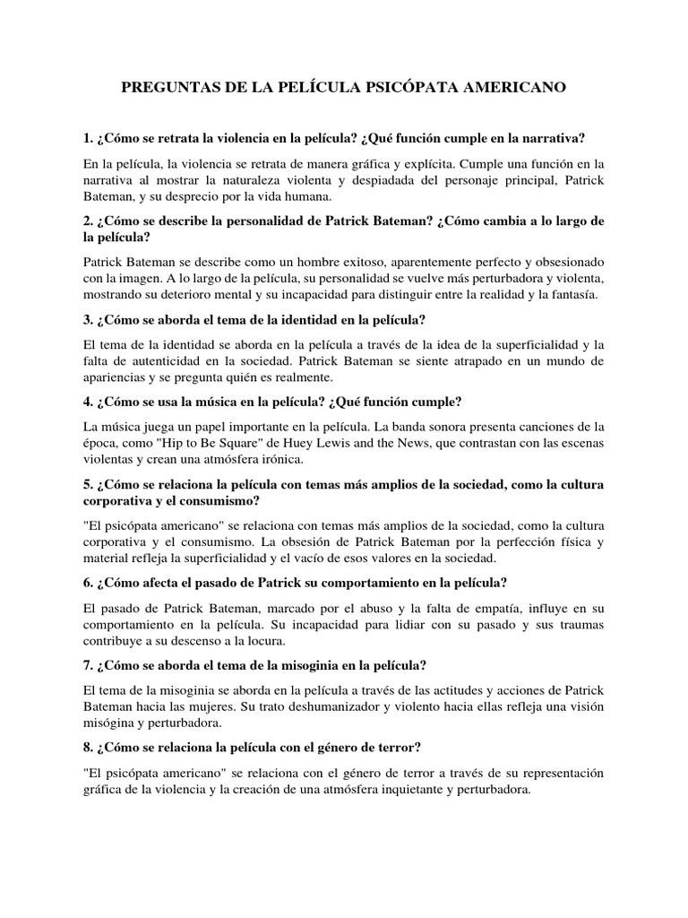 Preguntas de La Película Psicópata Americano | PDF | Violencia | Humor