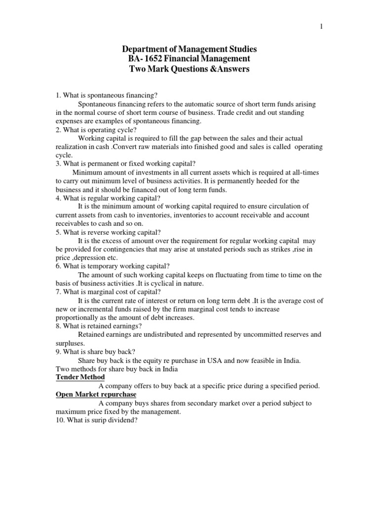 Department of Management Studies BA-1652 Financial Management Two Mark ...