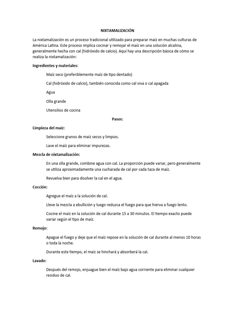 Proceso de Nixtamalización del Maíz | PDF | Cocina, comidas y vino