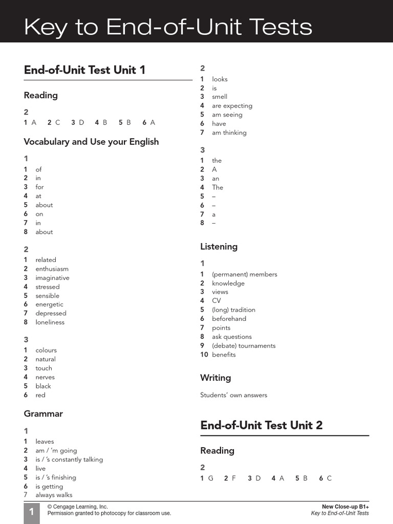 End-of-Unit Test Answers B1+ | PDF