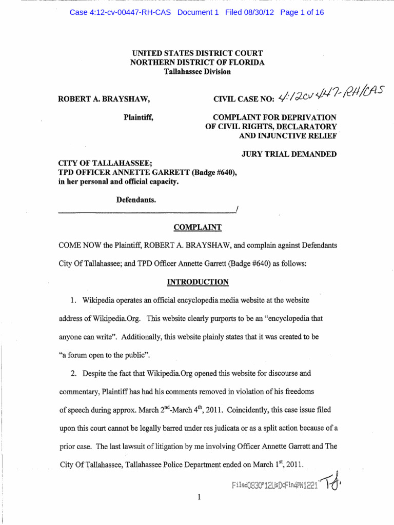 Brayshaw v. City of Tallahassee, Annette Garrett - Illegal Internet ...