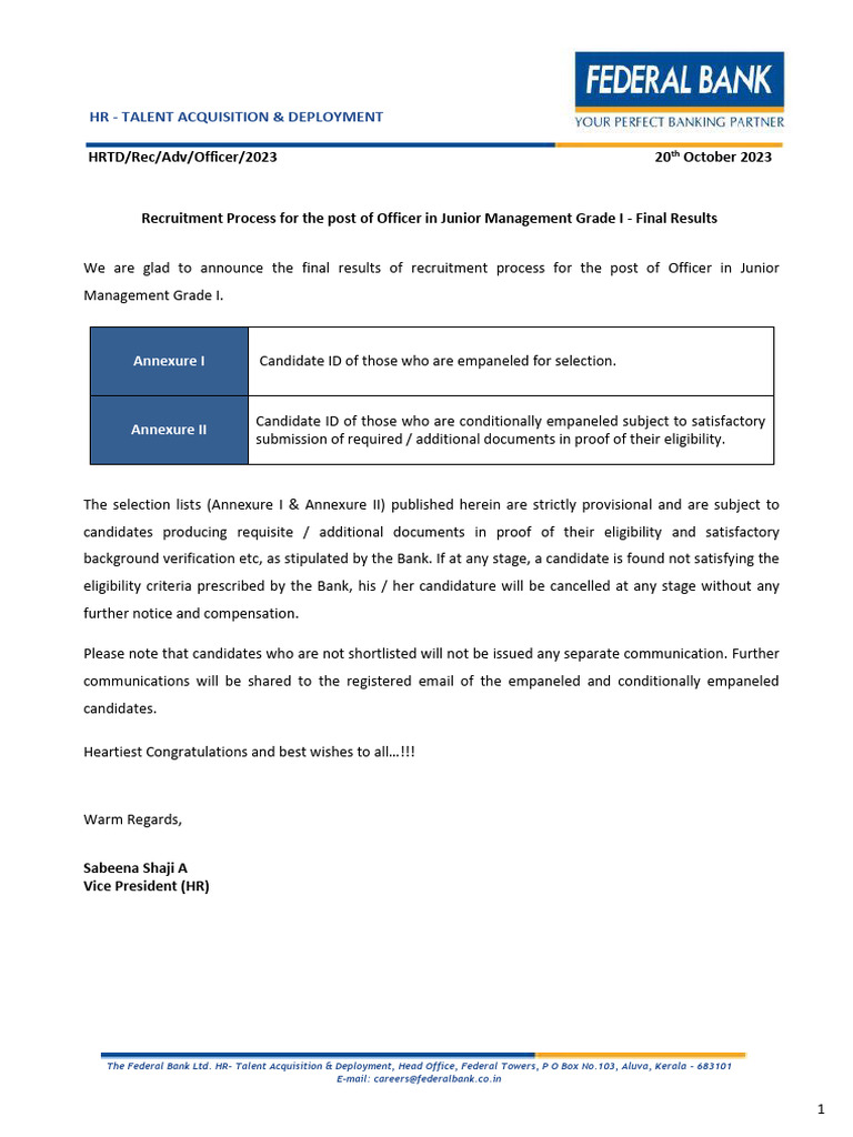 Recruitment Process For The Post of Officer in JMG I - Final Results | PDF | Government