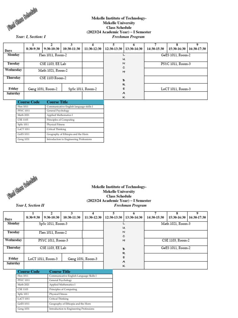 Freshman Class Schedule - Sem I - 2016. | PDF | Academic Term | Mathematics