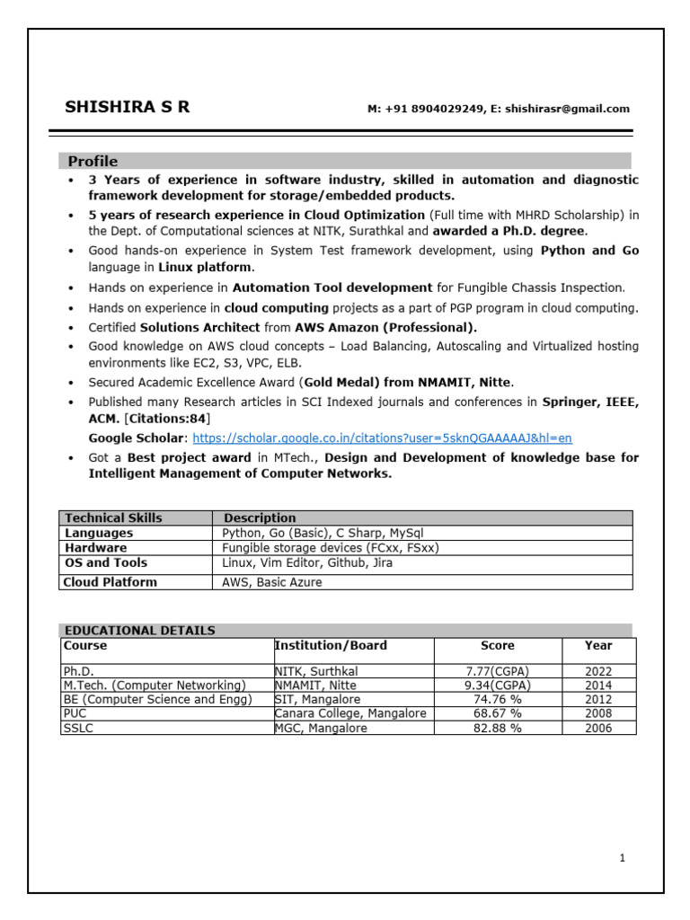 Shishira SR Resume | PDF | Cloud Computing | Amazon Web Services