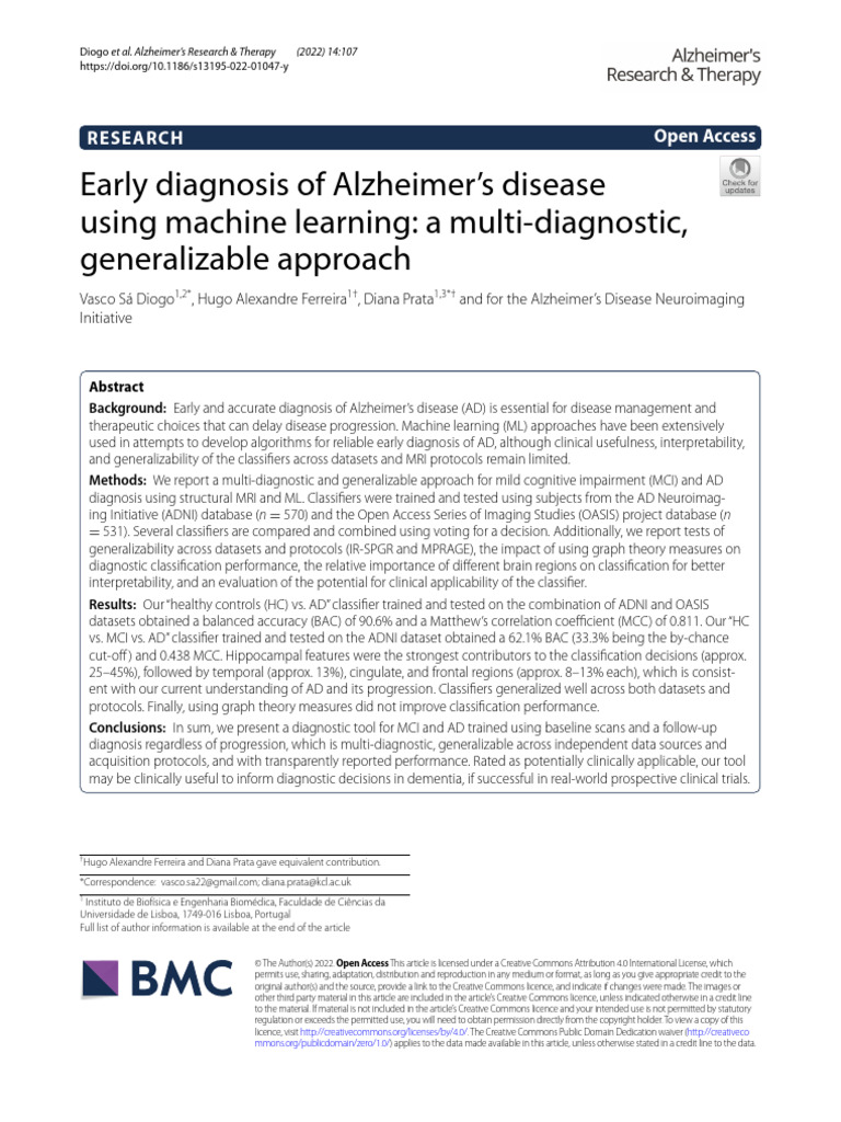Early Diagnosis of Alzheimer's Disease Using Machine Learning | PDF