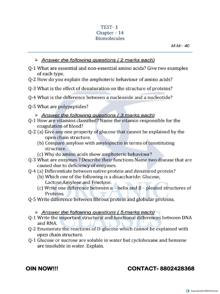 TEST-1 Biomolecules | PDF