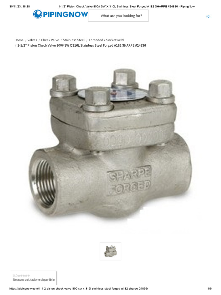 1-1 - 2 - Piston Check Valve 800# SW X 316L Stainless Steel Forged A182 ...