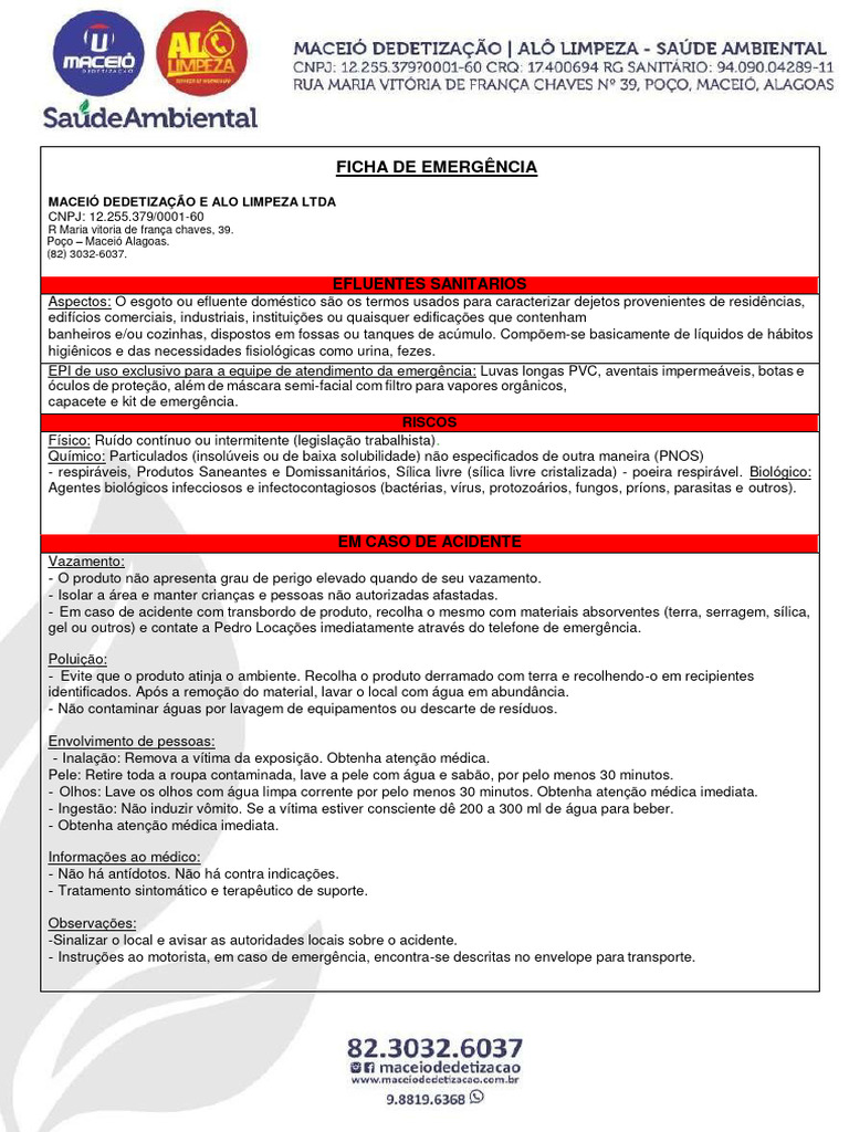 Ficha de Emergencia (Efluente Sanitario) - MD | PDF