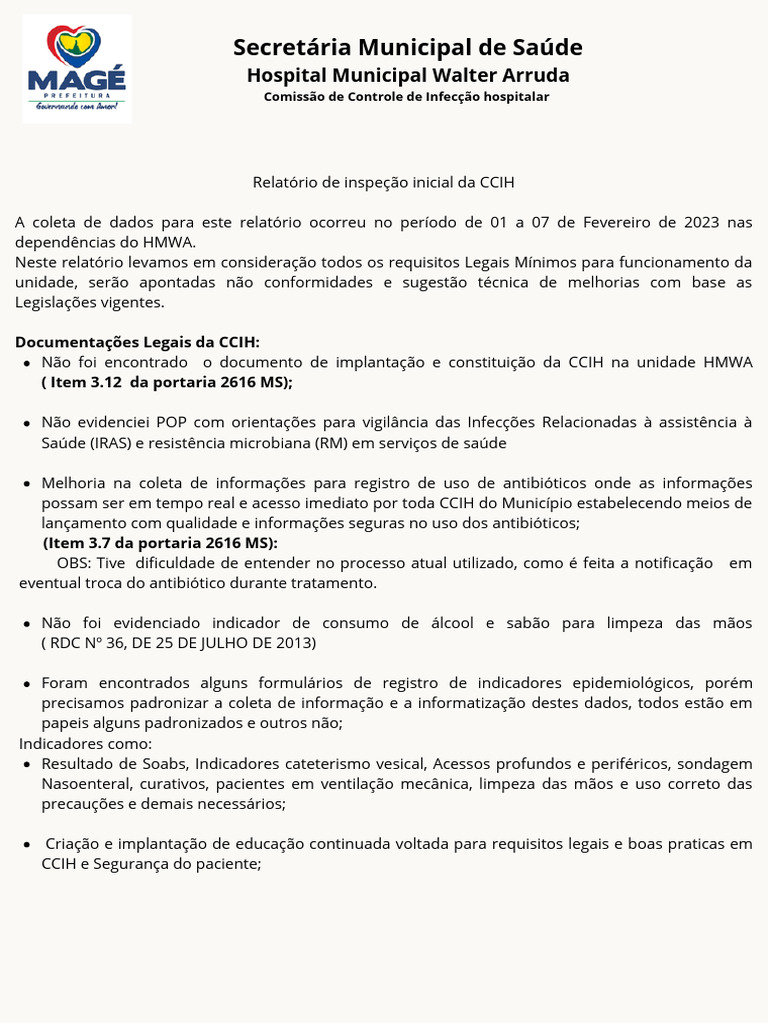 Relatório Ccih Hmwa Fev 2023 | PDF | Infecção | Desperdício