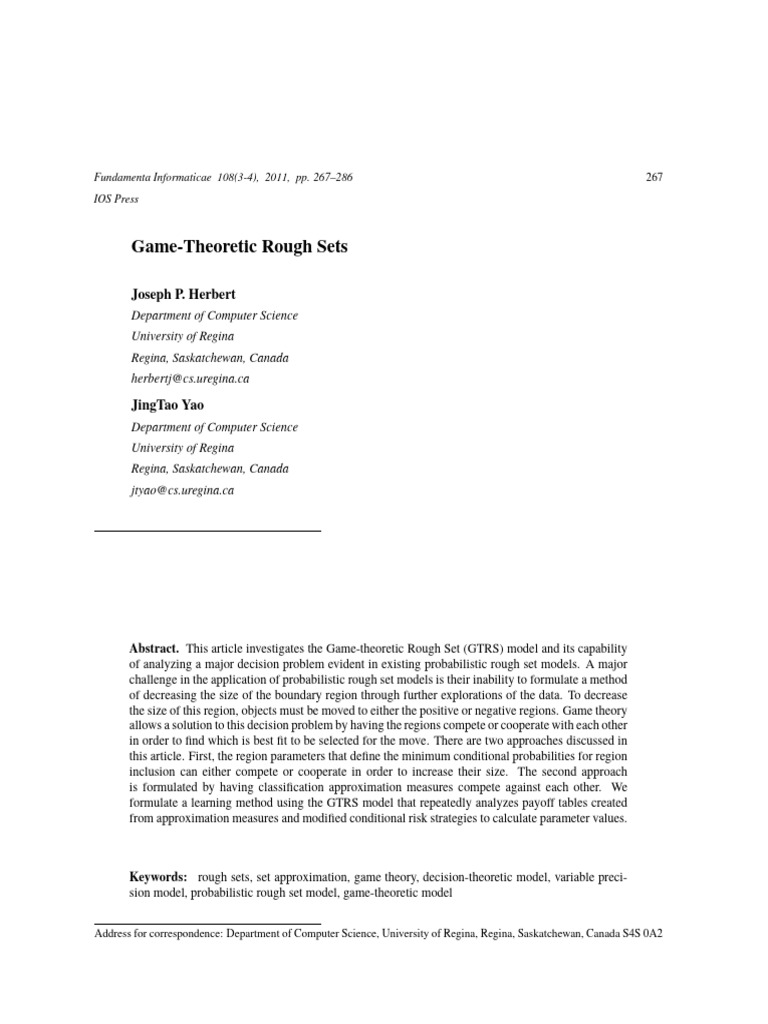Game Theoritic Rough Sets Pdf Game Theory Loss Function