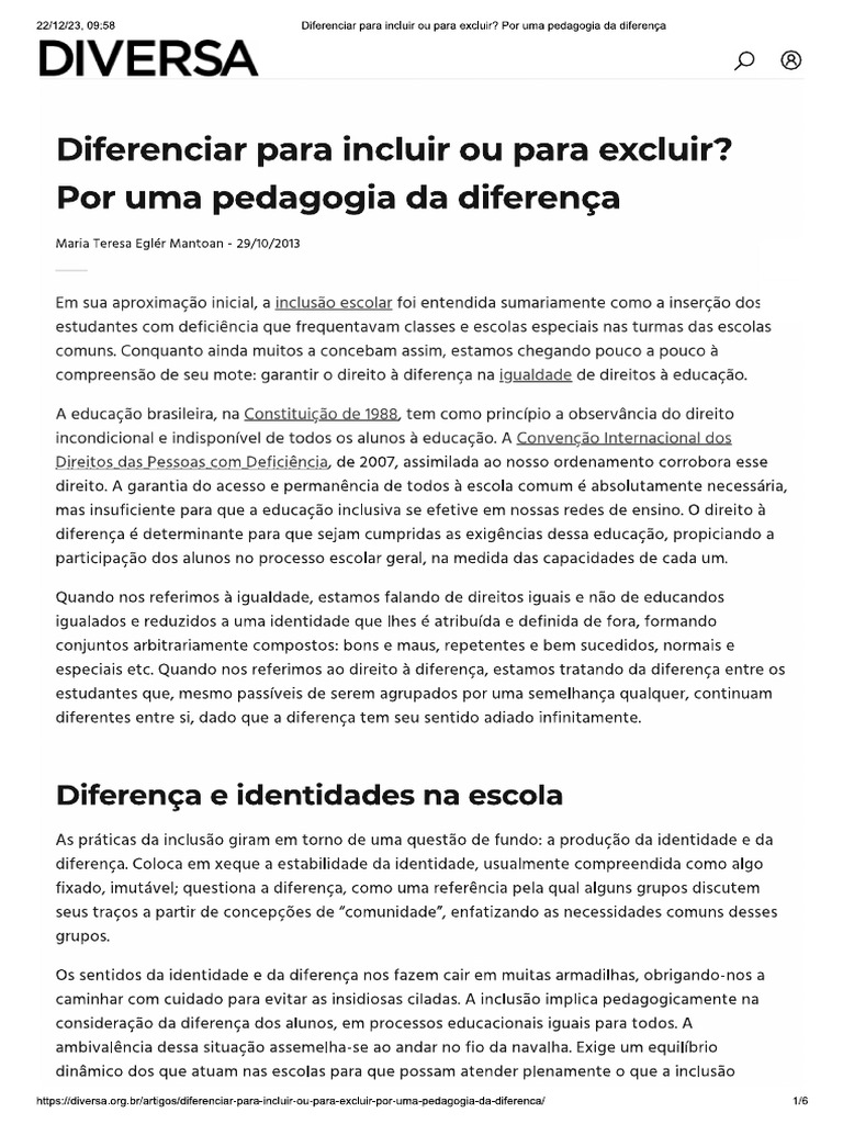 Diferenciar para Incluir Ou para Excluir Uma Pedagogia | PDF