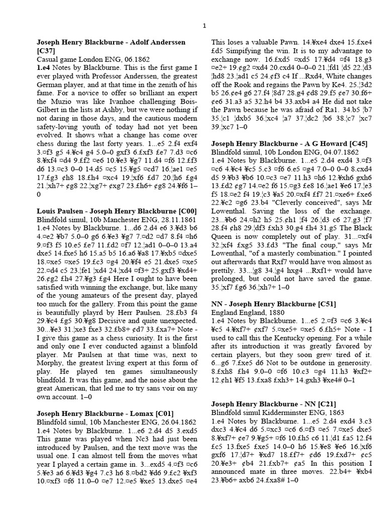 Blackburne's Historic Chess Games | PDF | Board Games | Chess