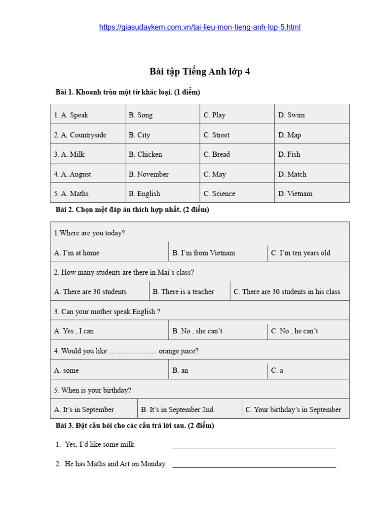 Tieng Anh Lop 4 Bai Tap Tieng Anh Lop 4 Bai Tap Tieng Anh Lop 4 | PDF
