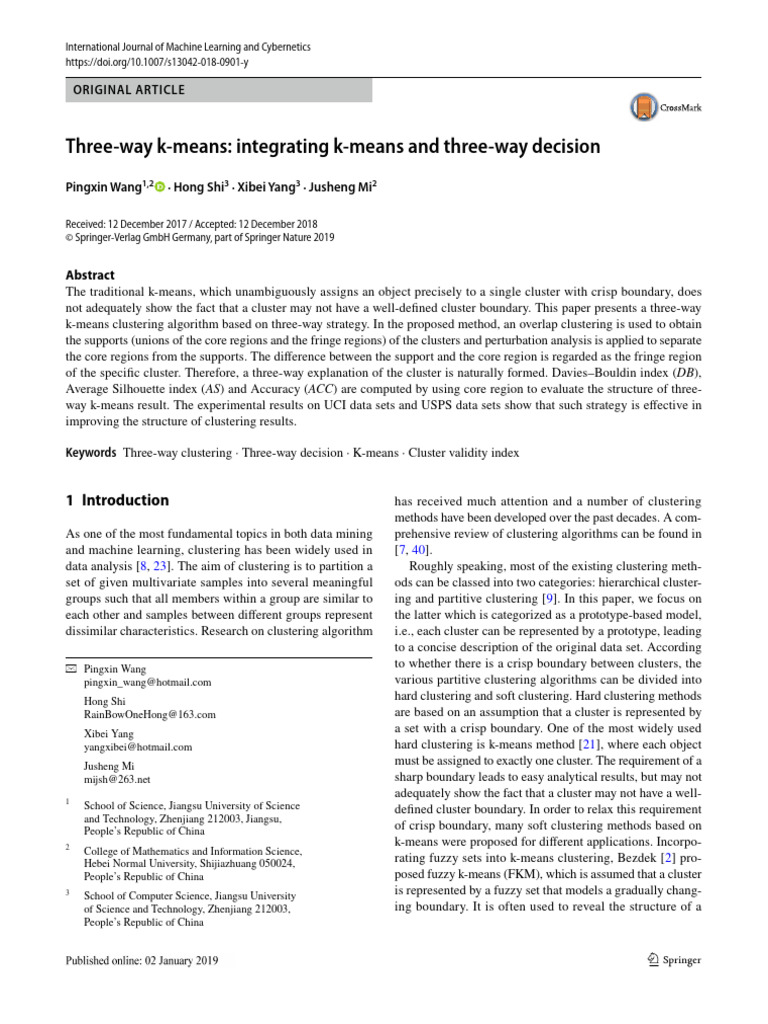 Three-Way K-Means - Integrating K-Means and Three-Way Decision | PDF | Cluster Analysis ...