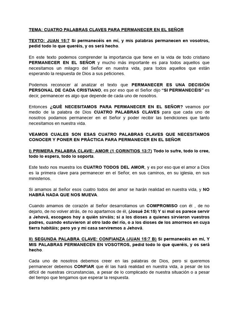 Cuatro Palabras Claves para Permanecer en El Señor | PDF | Amor | Dios
