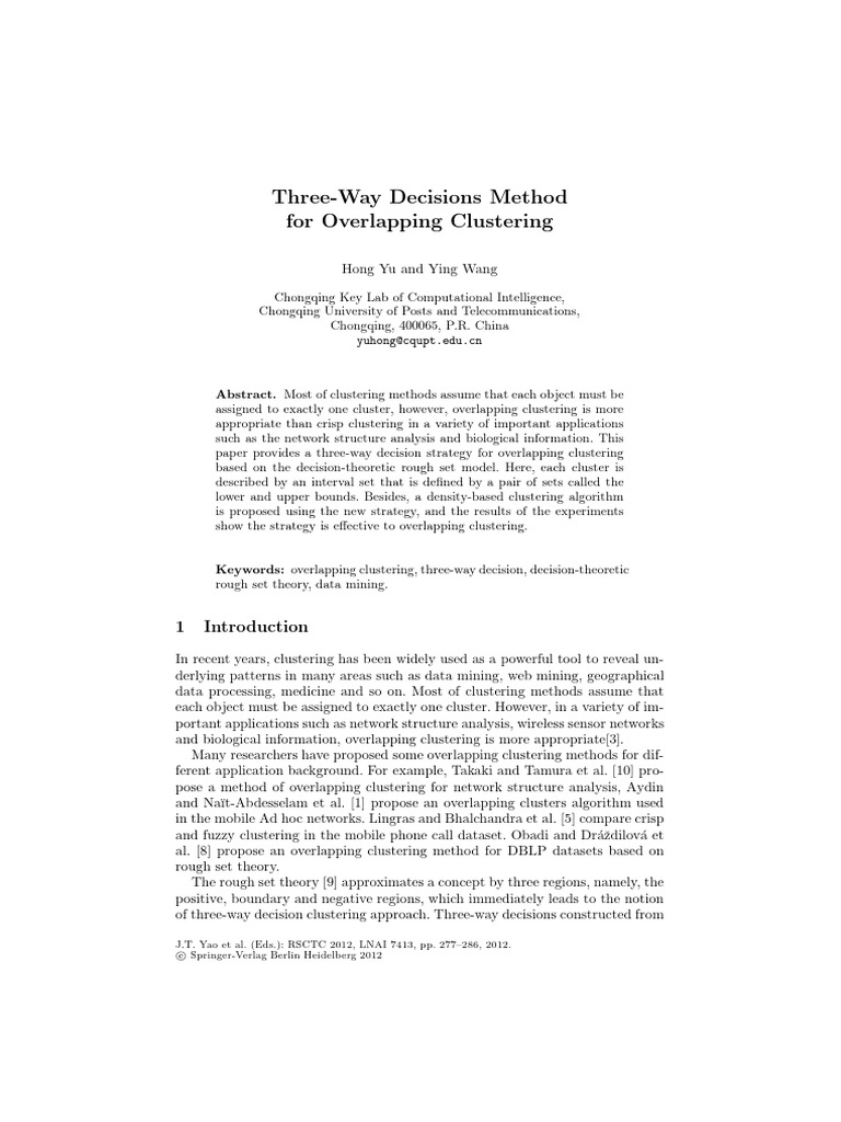 Three-Way Decisions Method For Overlapping Clustering | PDF | Cluster Analysis | Decision Theory