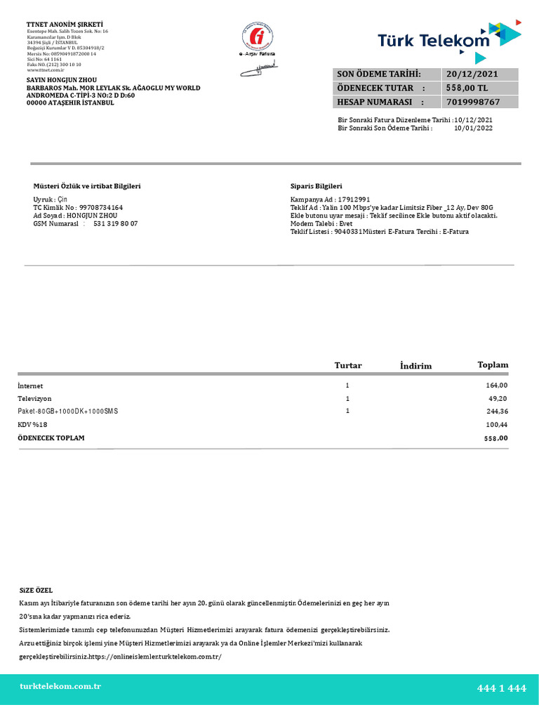 Turk Telekom E-Fatura | PDF