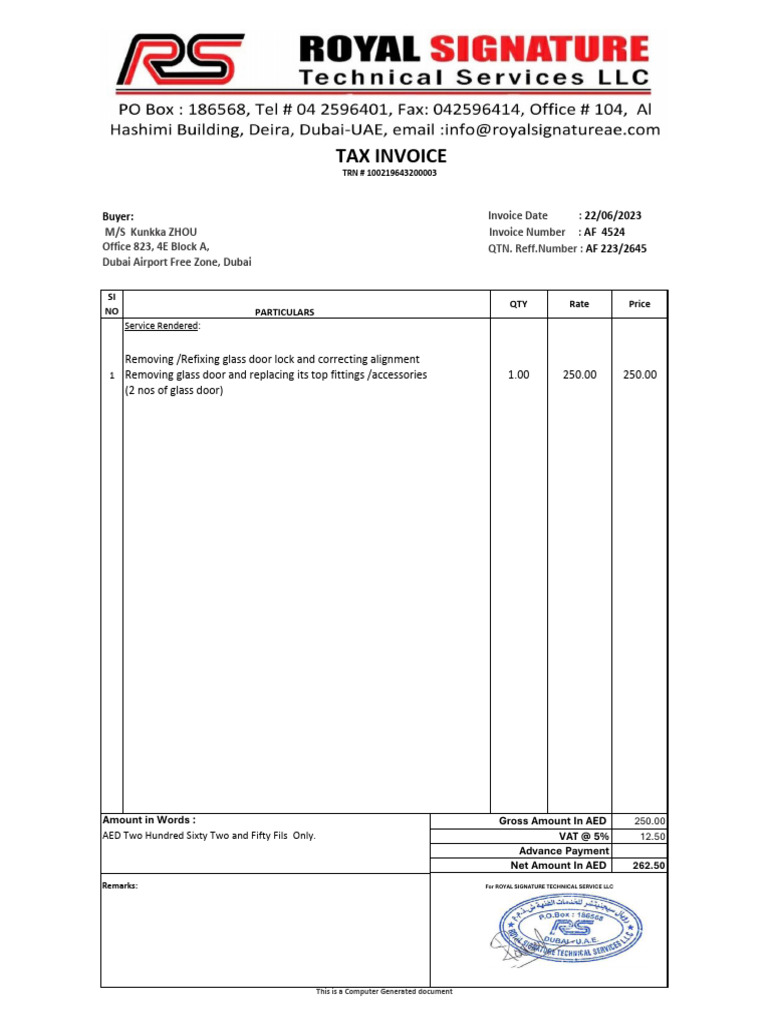 Invoice 4524 Glass Door Repairing | PDF