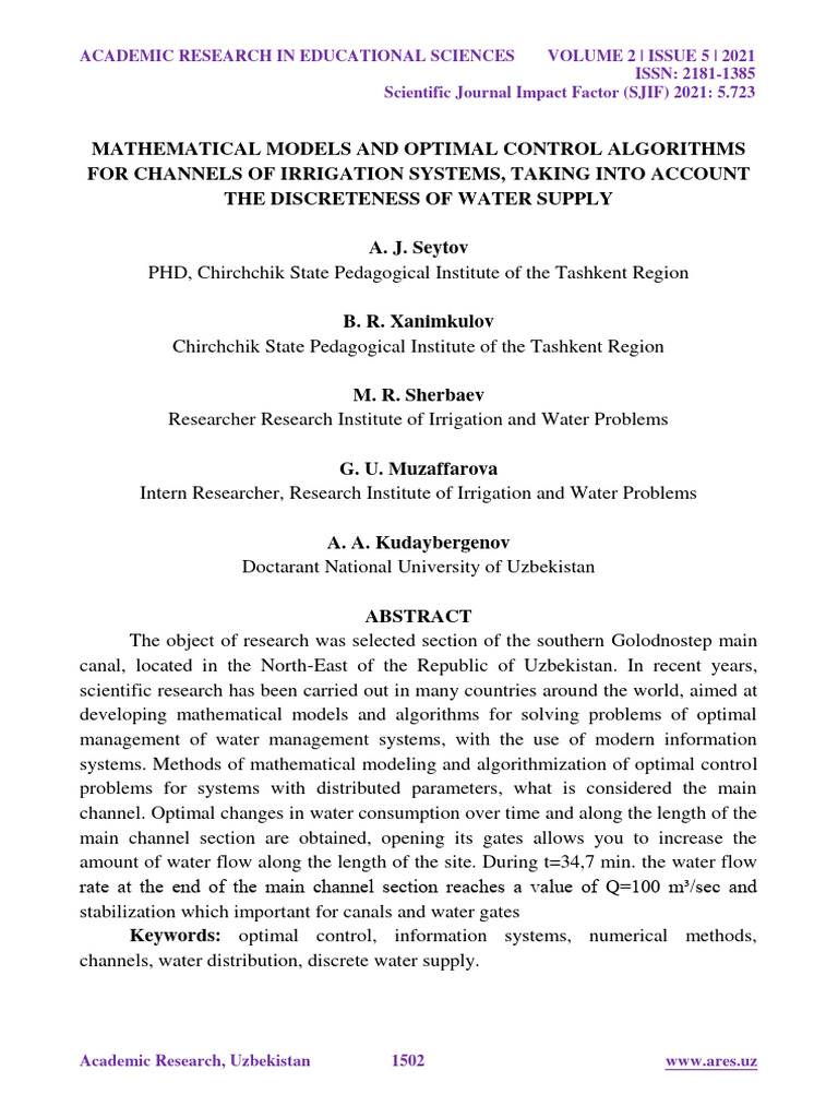 Mathematical Models and Optimal Control Algorithms For Channels of ...