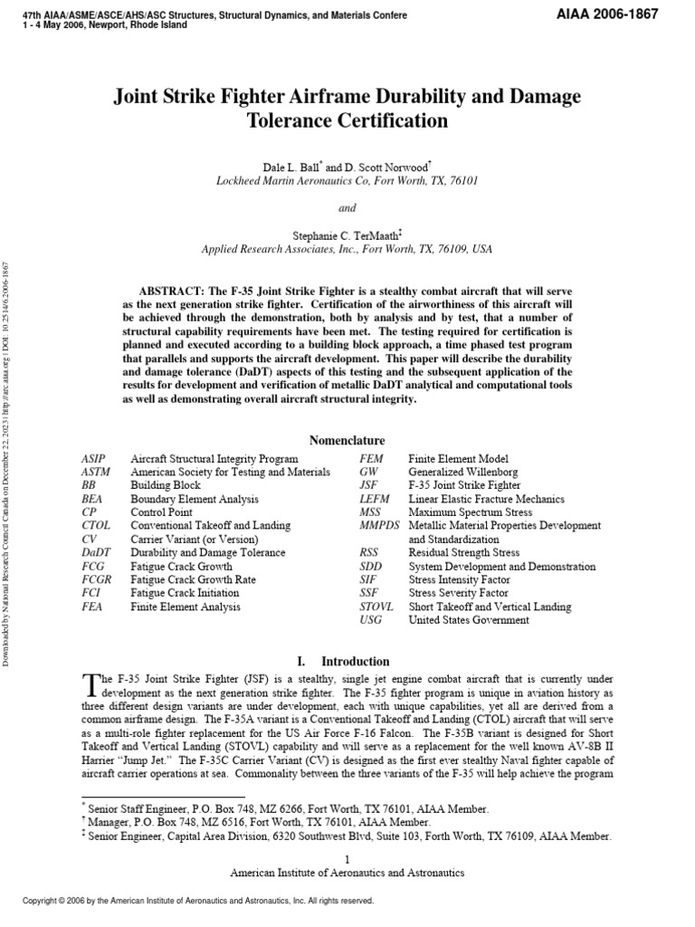 F 35 Airframe Durability and Damage Tolerance Certification AIAA 2006 ...