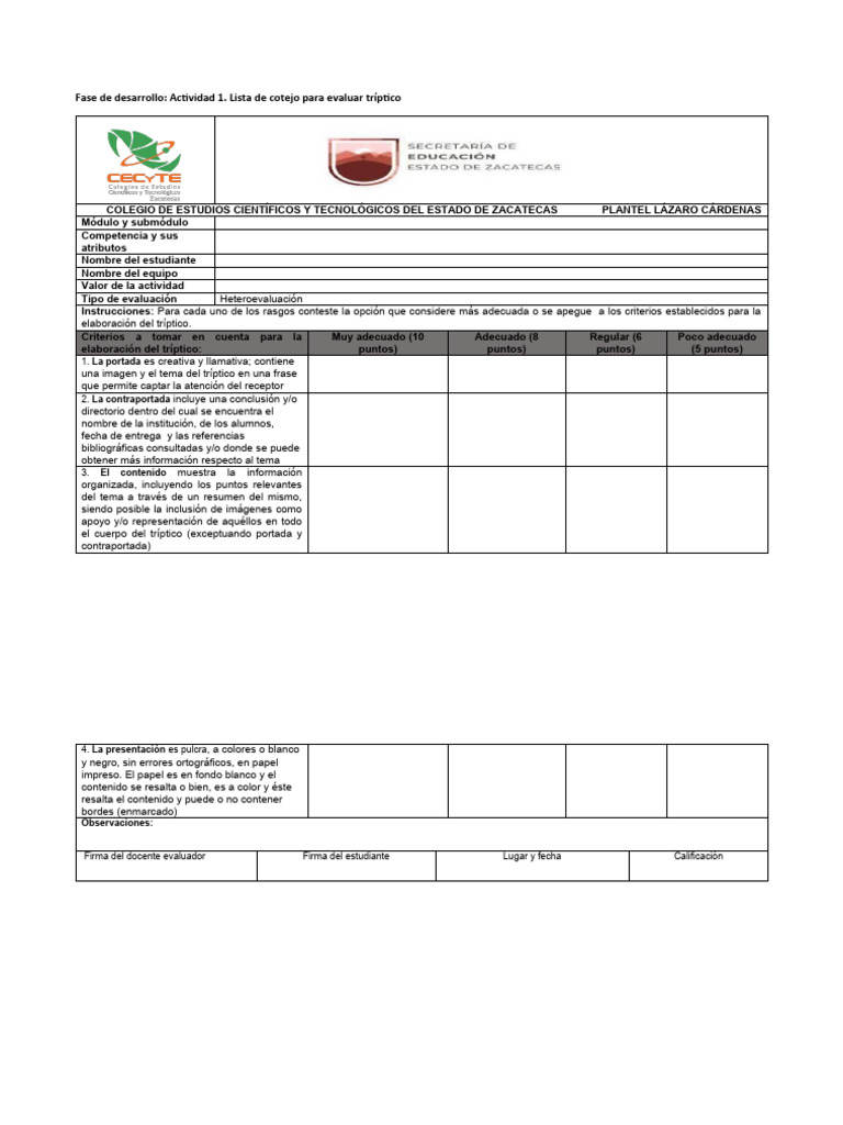 Lista de Cotejo Triptico | PDF