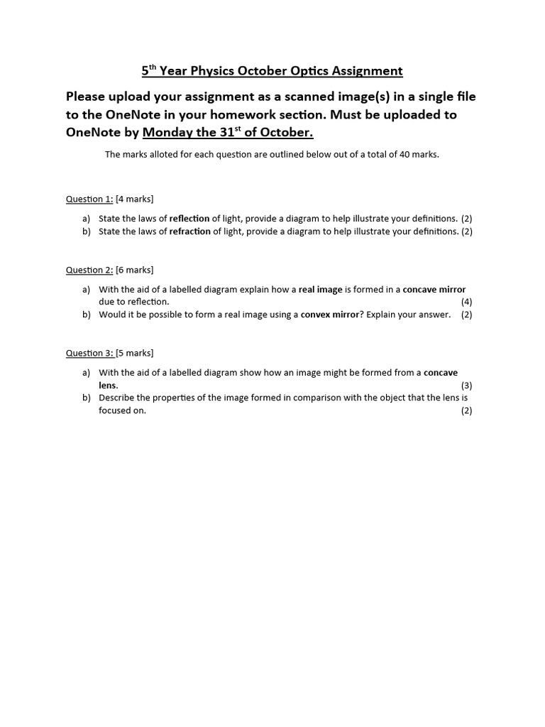 5th Year Physics Optics Assignment Pdf