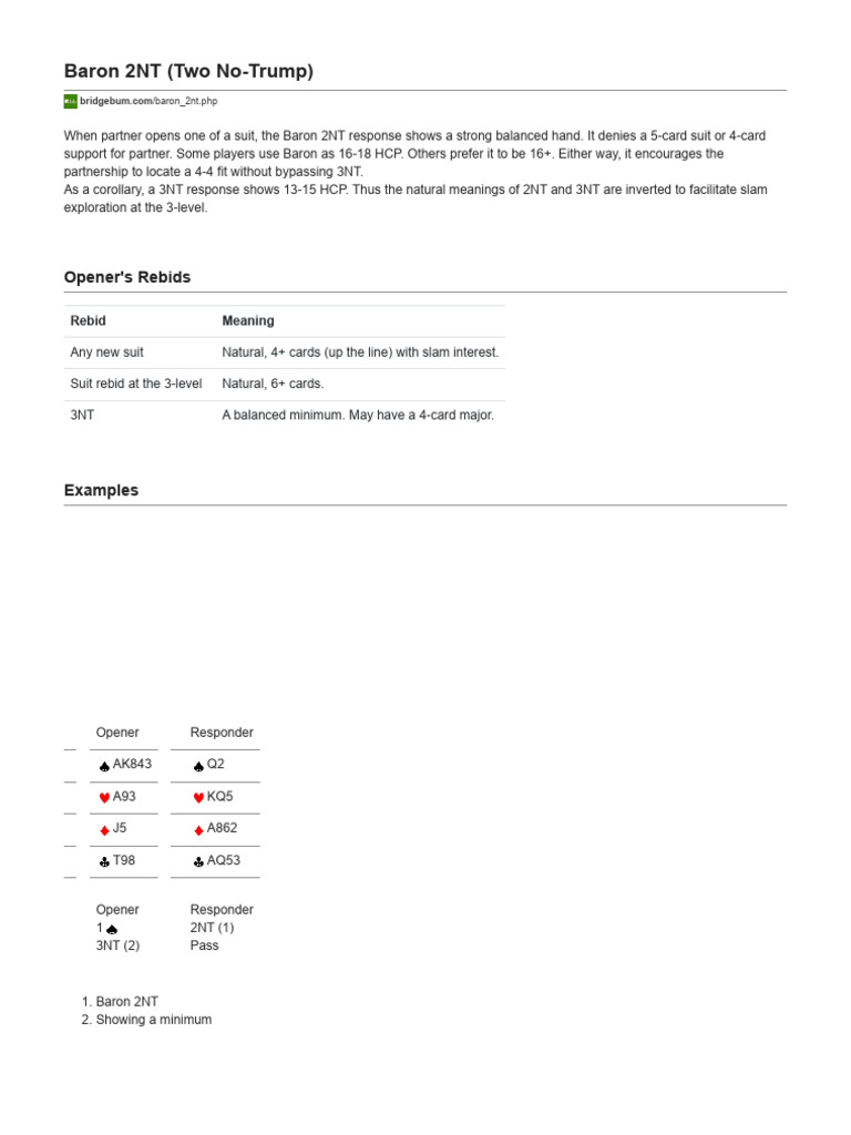 Baron 2NT (Two No-Trump) | PDF