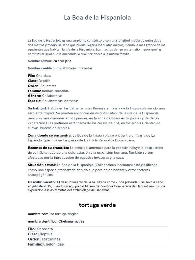 Boa de la Hispaniola: Hábitat y Amenazas | PDF