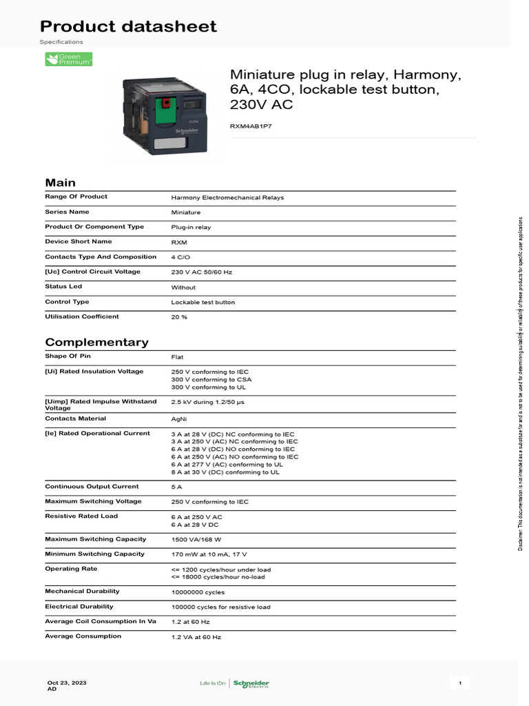 Schneider Electric Harmony-Electromechanical-Relays RXM4AB1P7 | PDF ...