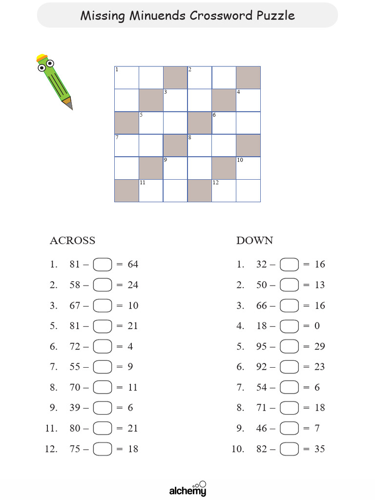 Primary Maths Worksheet (Missing Minuends Crossword Puzzle) Part 2 ...