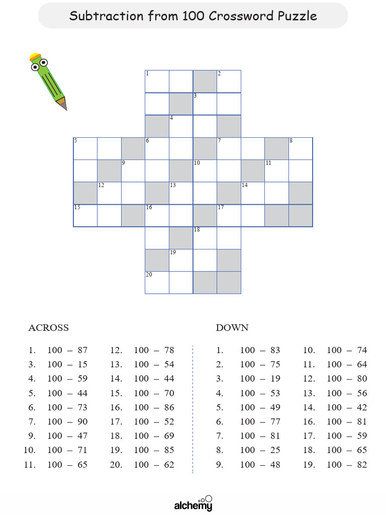 Primary Maths Worksheet (Subtraction From 100 Crossword Puzzle) Part 1 ...