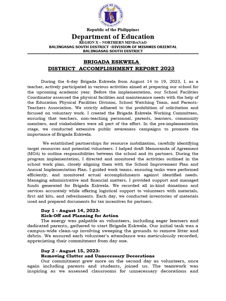 District Brigada Eskwela Accomplishment Report 2023 | PDF | Volunteering
