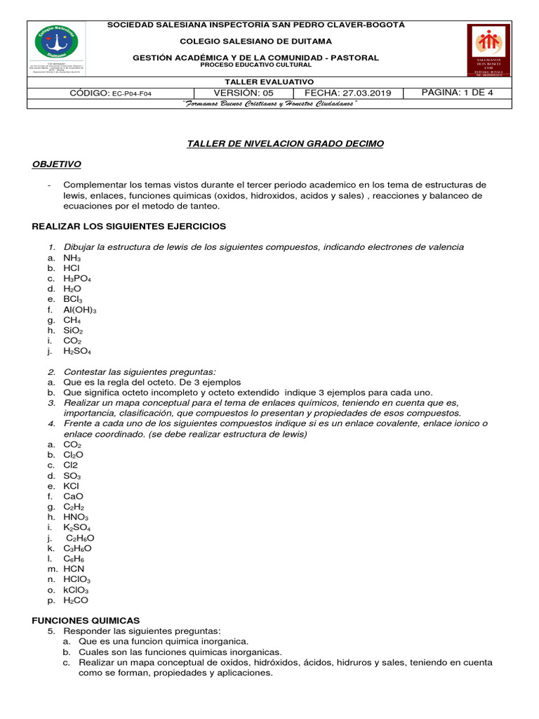 Taller Nivelacion Décimo Pdf ácido Enlace Químico