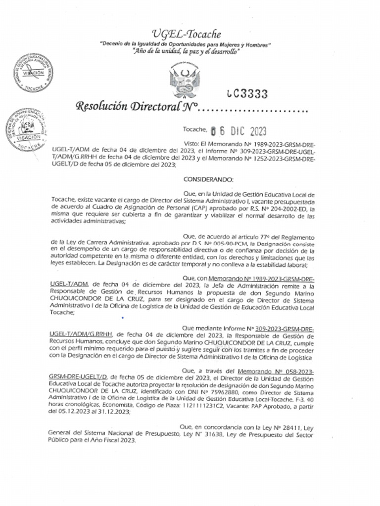 RD 003333-2023. Designar. Segundo Marino Chuquicondor de La Cruz | PDF