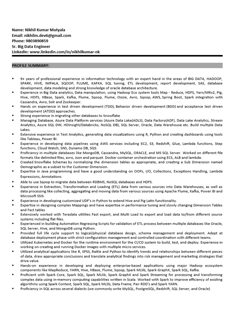 Nikhil Kumar Mutyala Senior Big Data Engineer Pdf Apache Spark Apache Hadoop