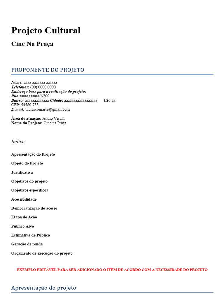 Modelo de Projeto Cultural Audio Visual | PDF | Fotografia cinematográfica | Facebook