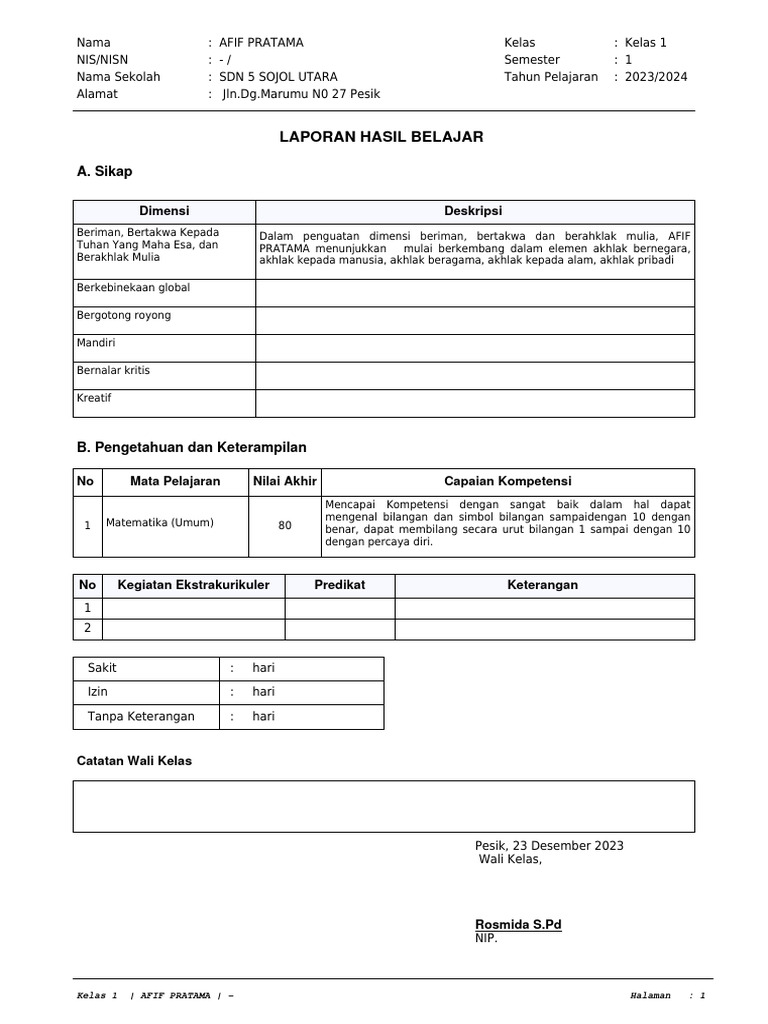 Rapor - K13 - AFIF PRATAMA | PDF