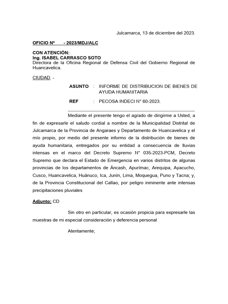 OFICIO - MUNICIPALIDAD DISTRITAL JULCAMARCA | PDF