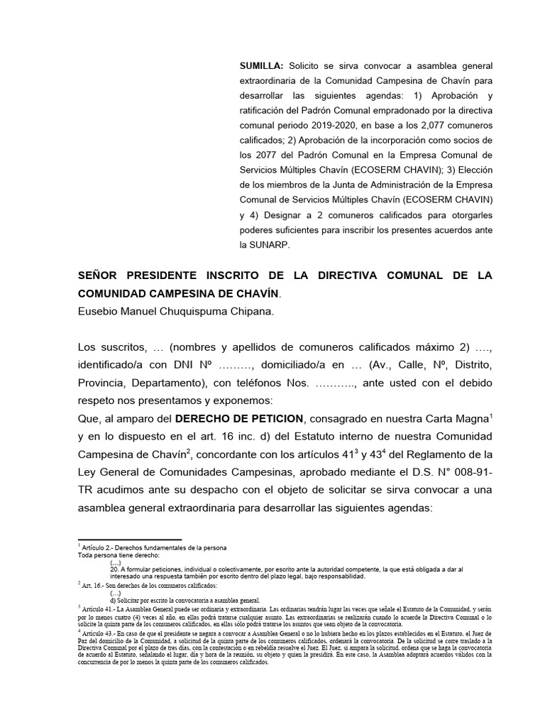 Solicitud de La 5ta Parte para Asamblea Extraordinaria de La CCCH | PDF